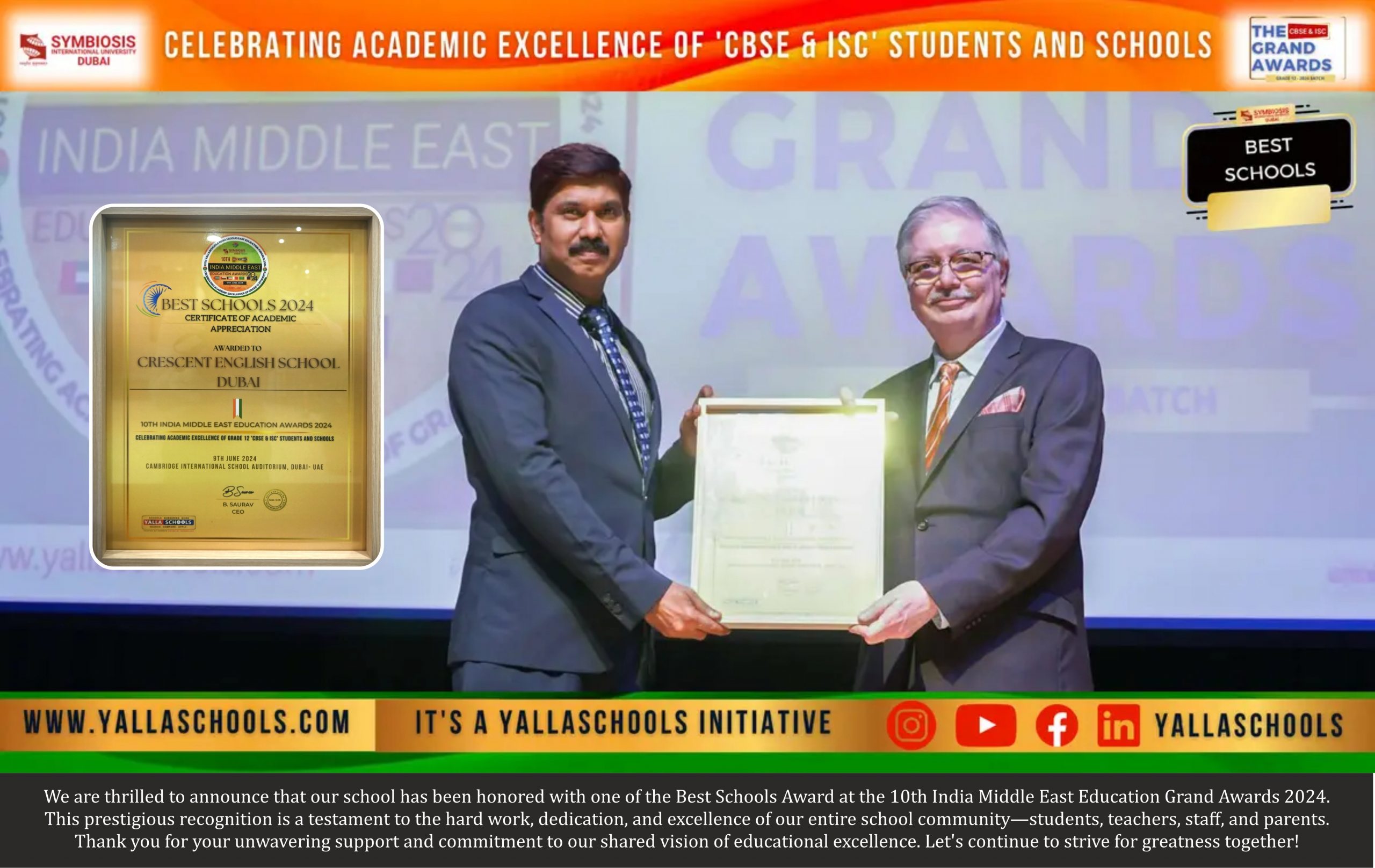 Best Schools Award at the 10th India Middle East Education Grand Awards 2024 - Crescent English ...